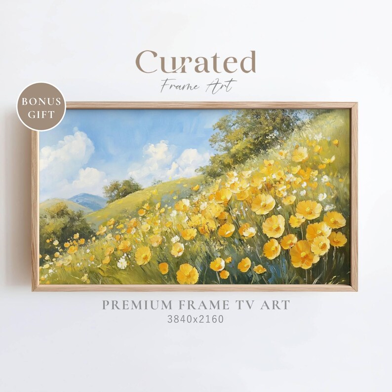 Spring TV Frame Art, Yellow Wildflower Field Frame TV Painting ...