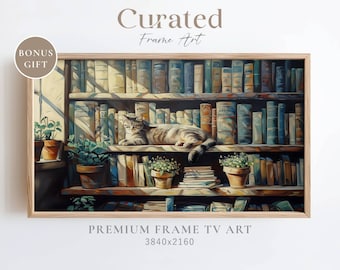 Bookish Frame TV Art, Rustic Library With Kitty Sleeping, Samsung Frame ...