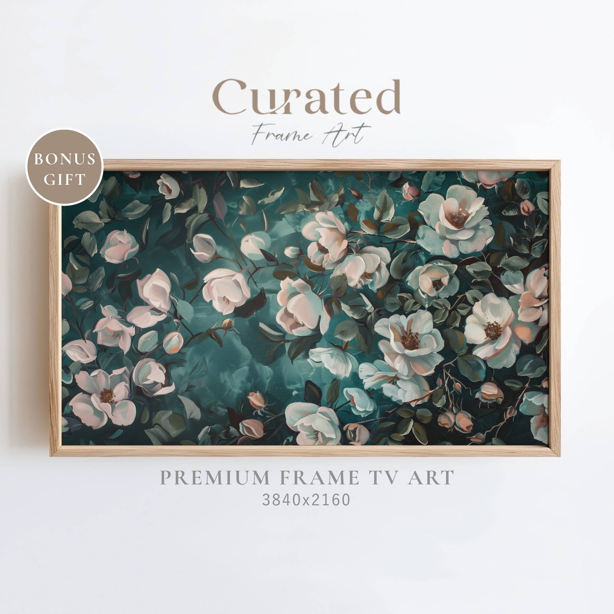 Flower Painting Frame TV Art, Antique Teal Painting of White Roses ...