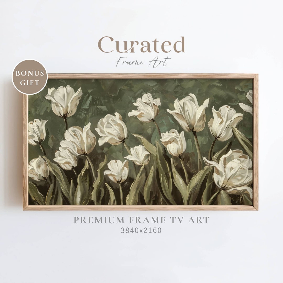 Flower Painting Frame TV Art, Antique Dark Green Painting of White ...