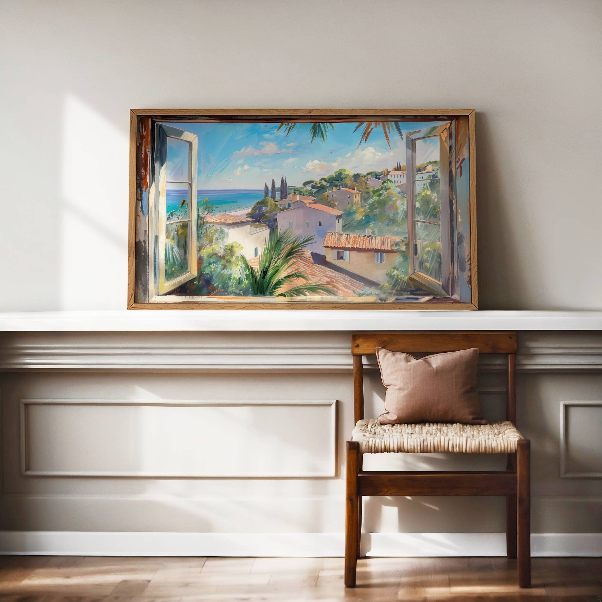 Frame TV Art, Coastal Window View Frame TV Artwork, Vintage Seascape ...