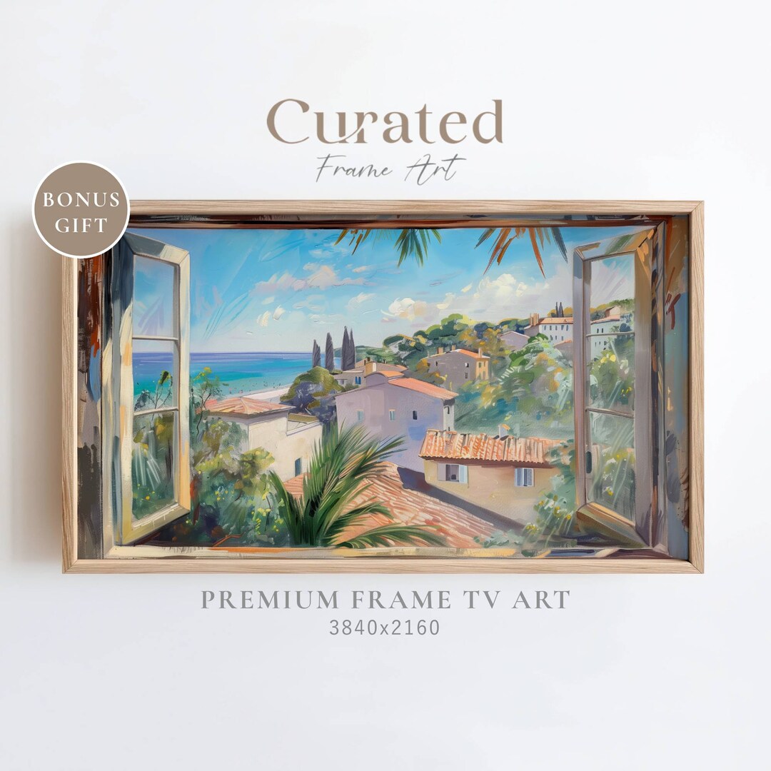 Frame TV Art, Coastal Window View Frame TV Artwork, Vintage Seascape ...