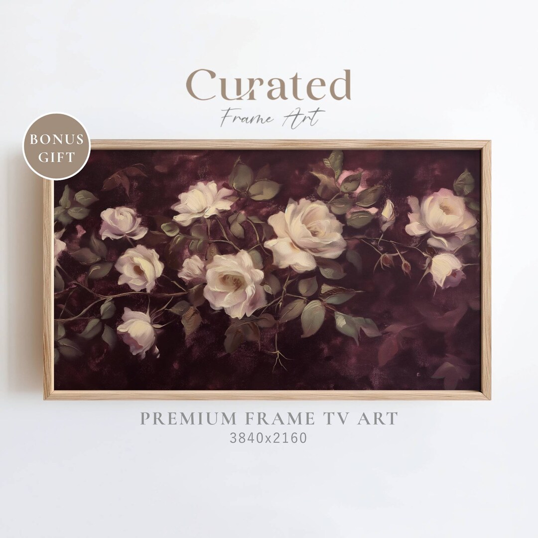 Flower Painting Frame TV Art, Antique Dark Purple Plum Wildflower ...
