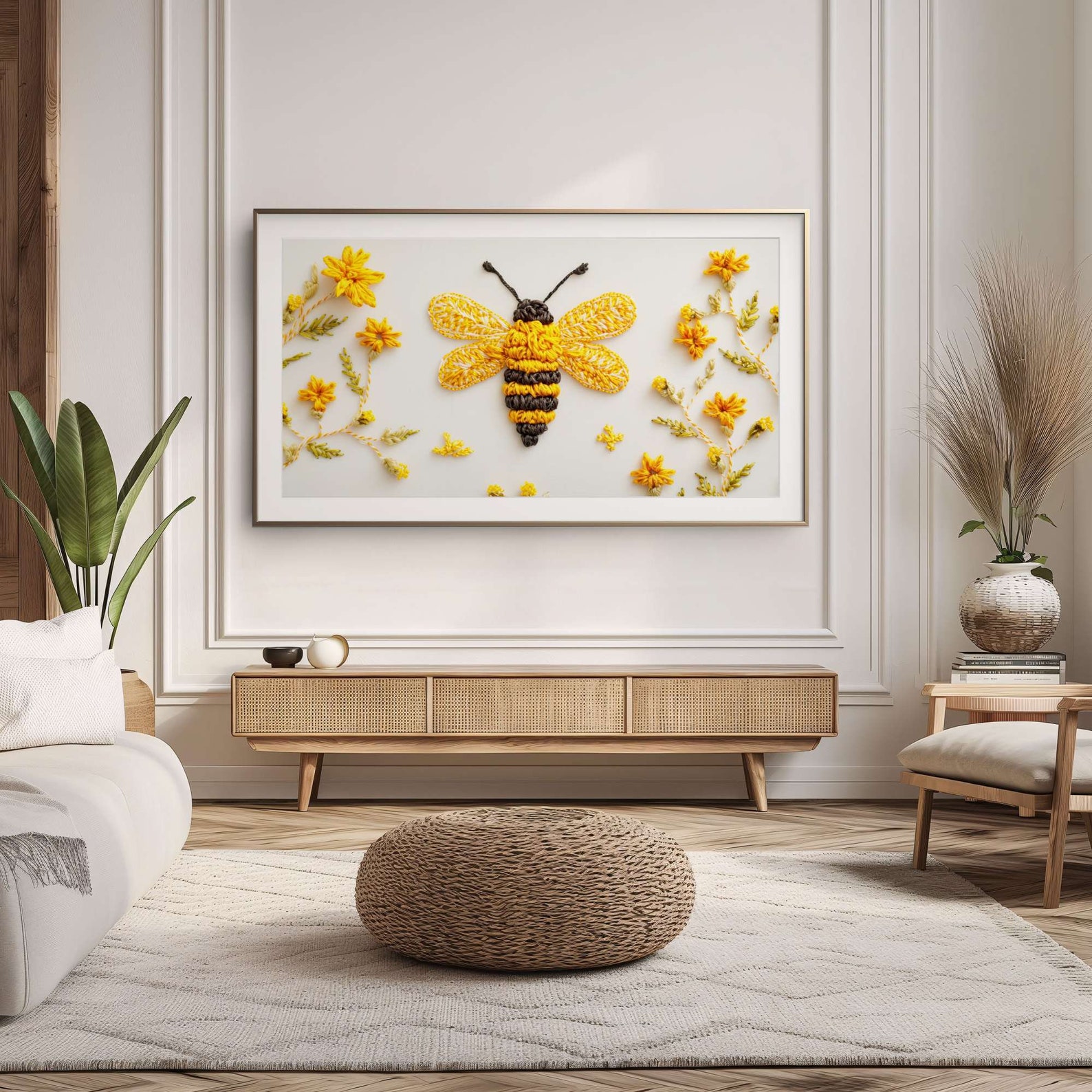 Cute Bee Embroidery Frame TV Art, Spring Floral Frame TV Art, Textured ...
