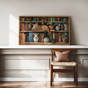 Bookish Frame TV Art, Rustic Library With Kitty Sleeping, Samsung Frame ...