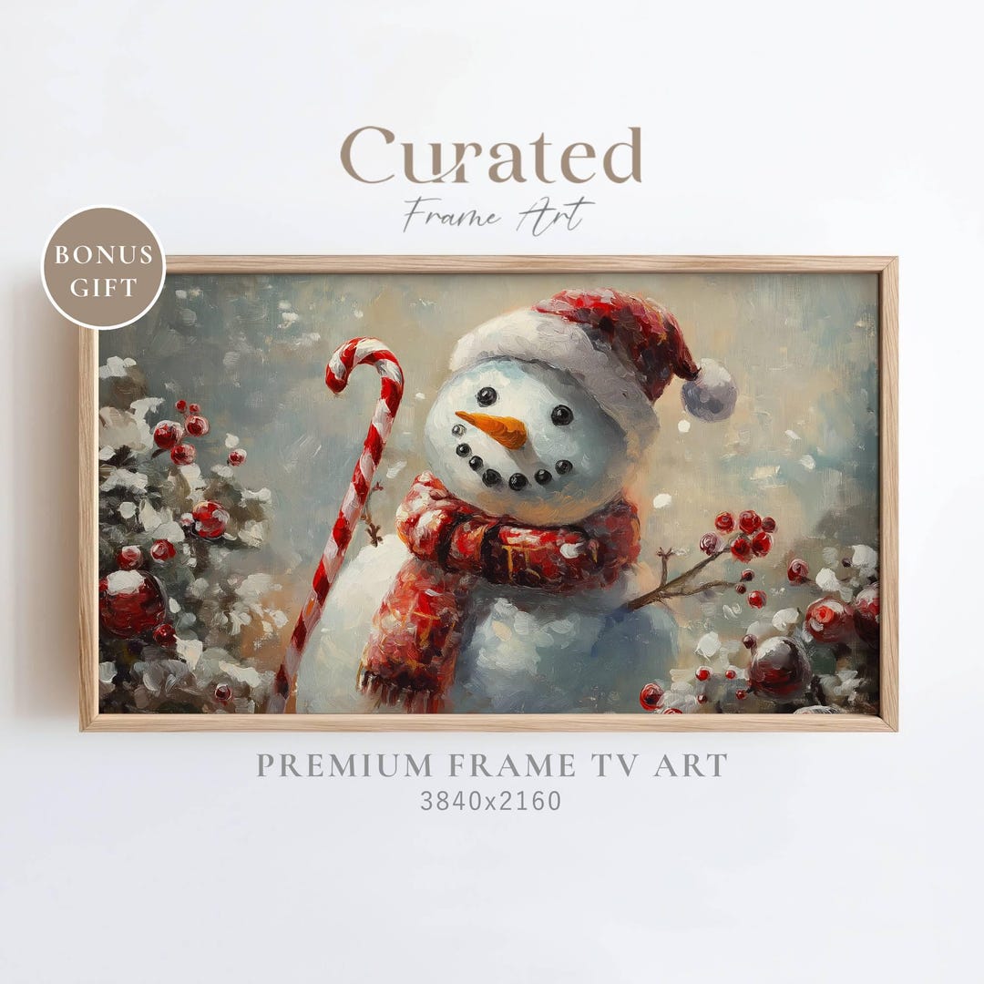 Vintage Christmas Frame TV Art, Christmas Snowman With Candy Cane Art ...