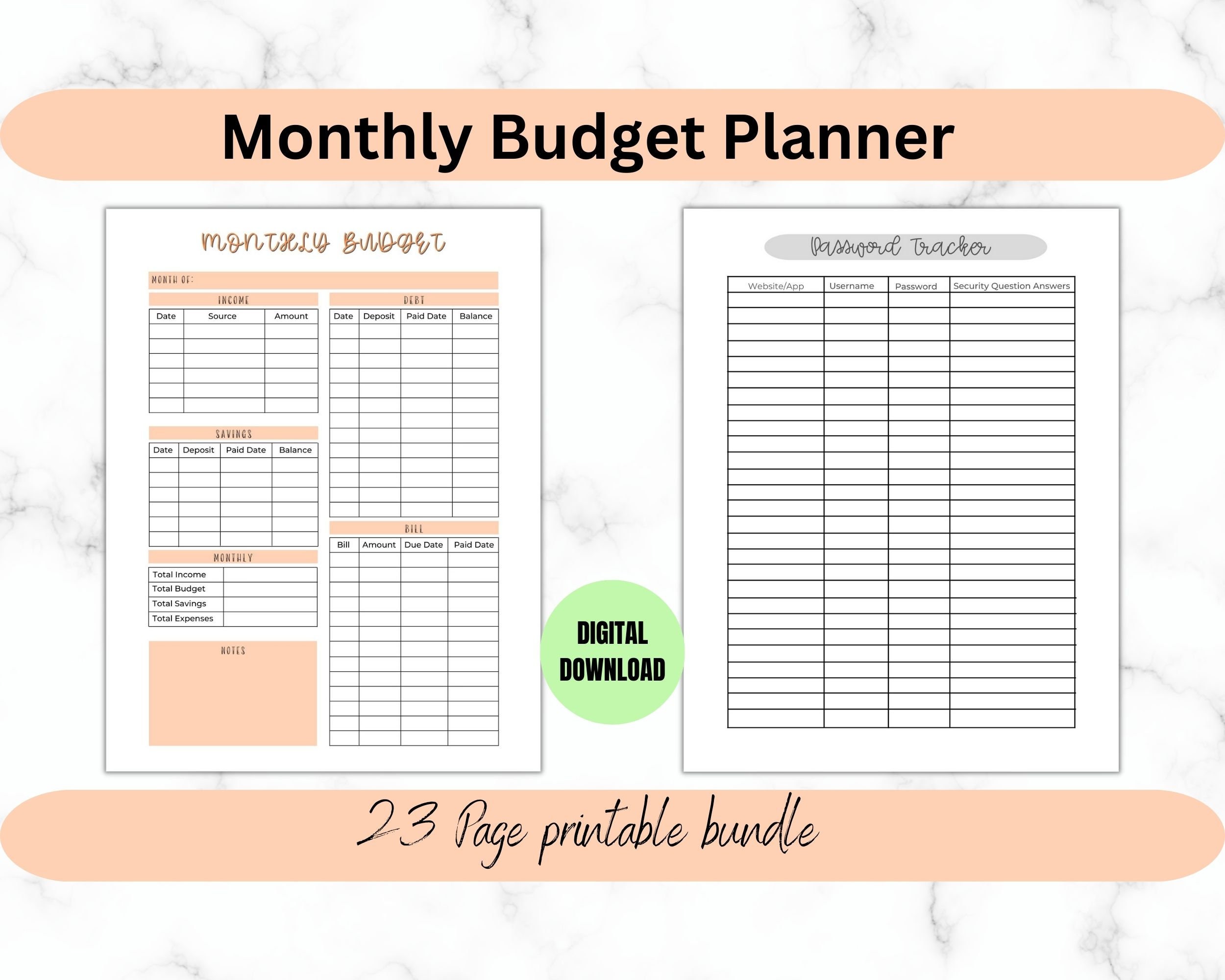Monthly Budget Planner, Debt Tracker, Password and Subscription ...