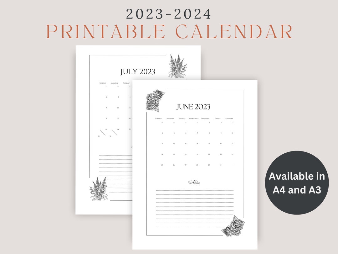 Elegant Printable 2023-2024 Calendar Portrait Digital and - Etsy