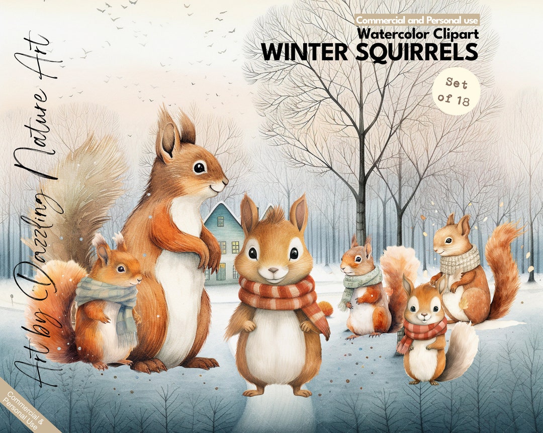 Watercolor Winter Squirrels Watercolor Squirrel Watercolor - Etsy