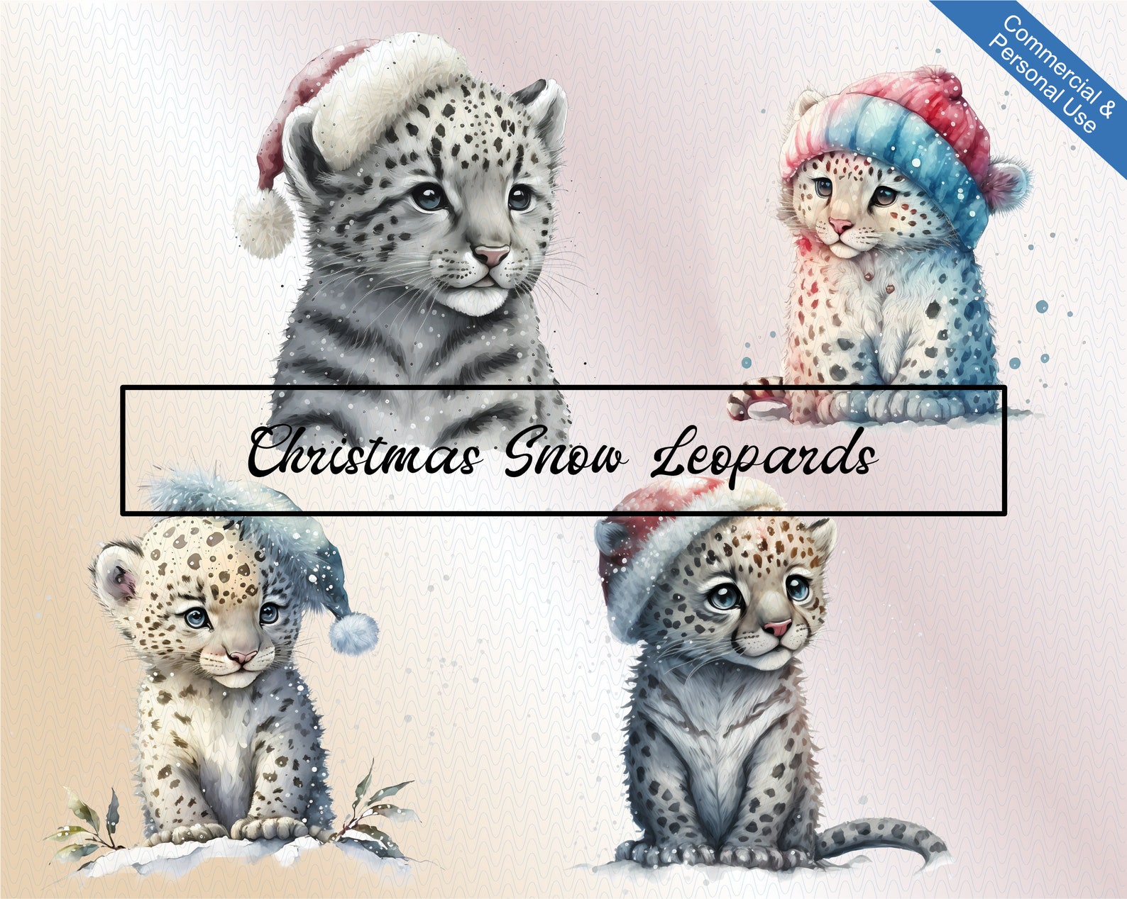 Christmas Snow Leopards With Santa Hat Clipart, Deer Clipart, Png ...