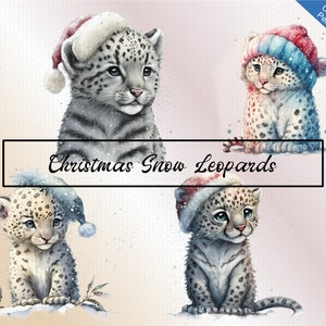 Christmas Snow Leopards With Santa Hat Clipart, Deer Clipart, Png ...