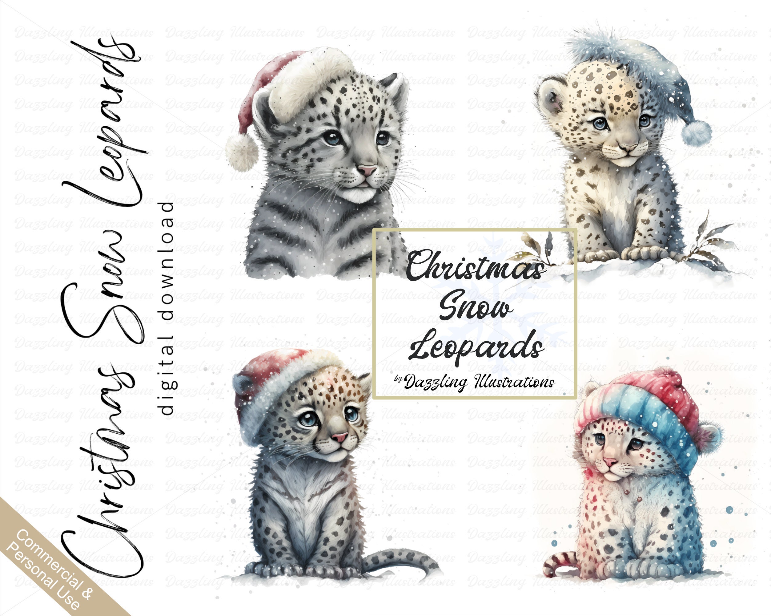 Christmas Snow Leopards With Santa Hat Clipart, Deer Clipart, Png ...