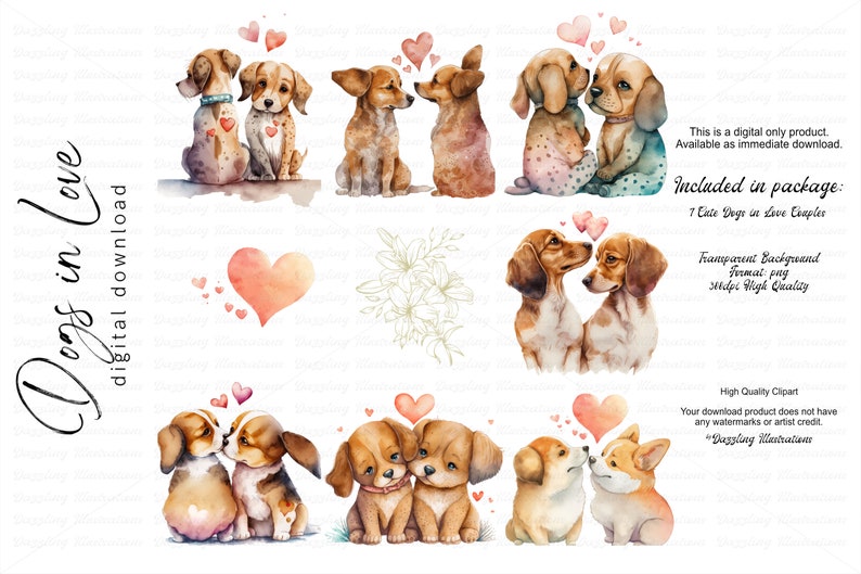 Watercolor Dogs Dogs in Love With Hearts Cute Dog Couples Valentine's ...