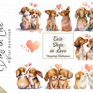 Watercolor Dogs Dogs in Love With Hearts Cute Dog Couples Valentine's ...