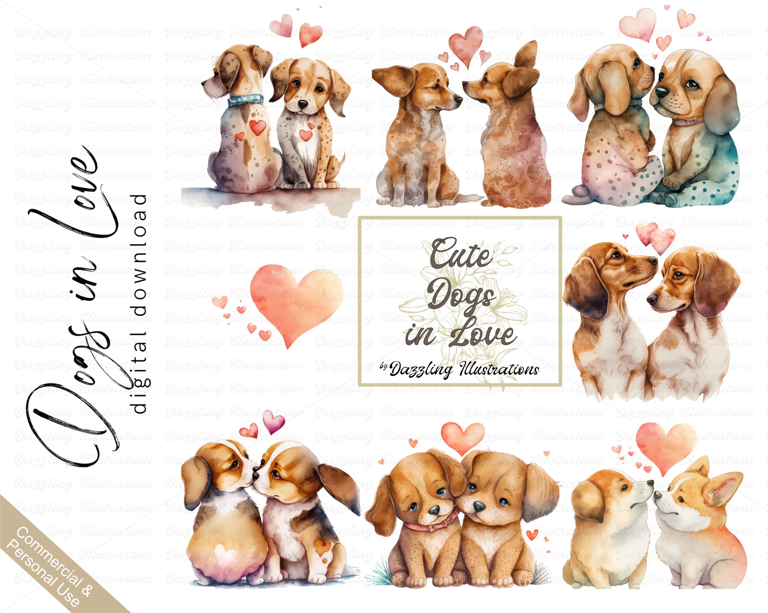 Watercolor Dogs Dogs in Love With Hearts Cute Dog Couples Valentine's ...