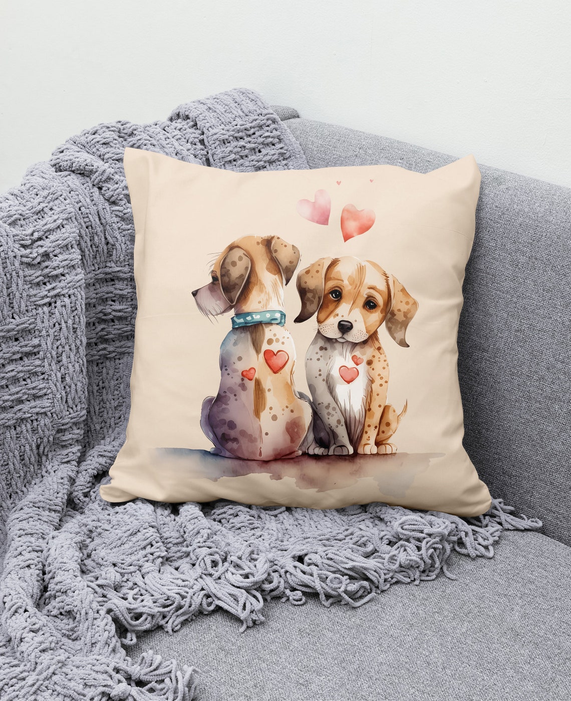 Watercolor Dogs Dogs in Love With Hearts Cute Dog Couples Valentine's ...