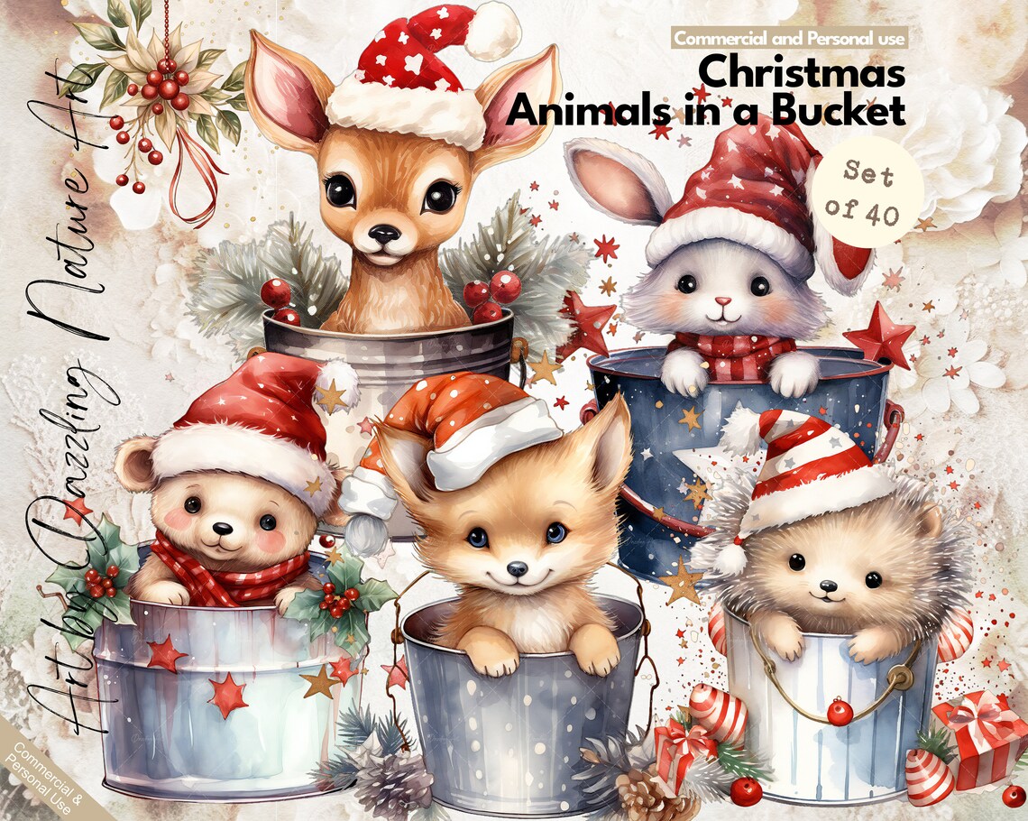 Christmas Animals: Watercolor Christmas Animals in a Bucket Watercolor ...