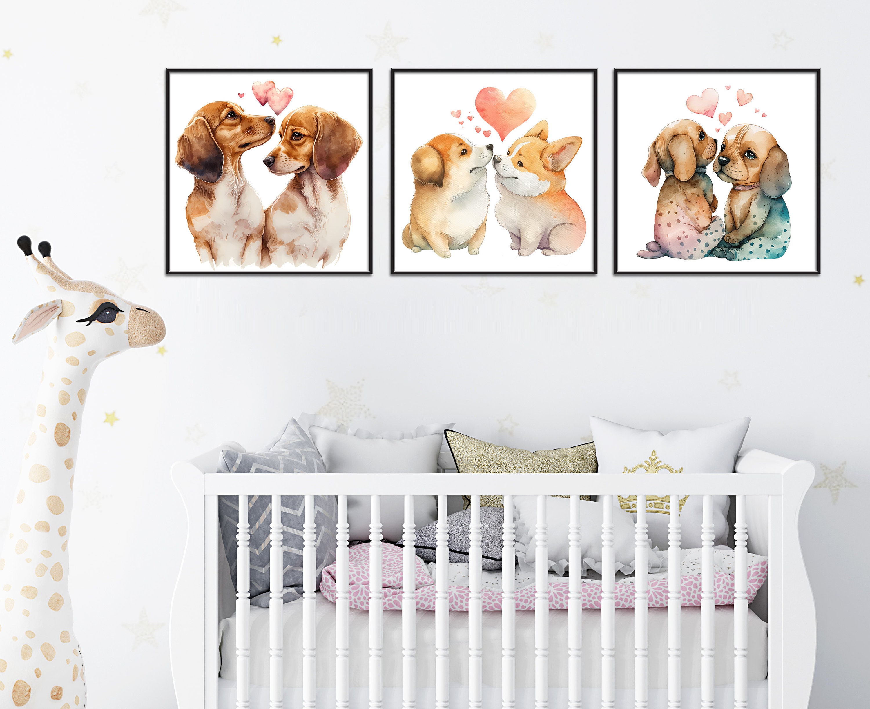 Watercolor Dogs Dogs in Love With Hearts Cute Dog Couples Valentine's ...