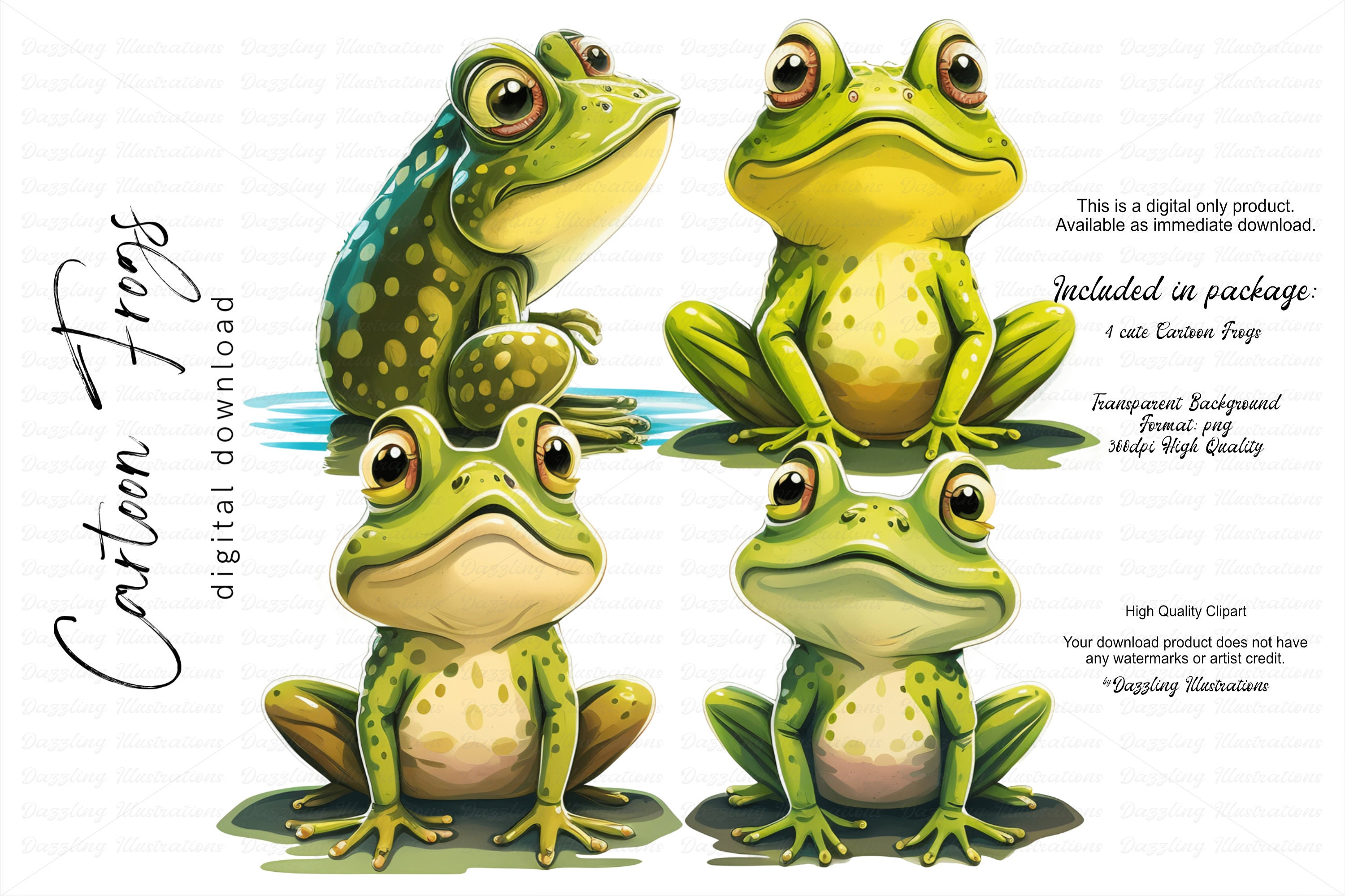 Cute Cartoon Frog Clipart, Watercolor Frog Clipart, Cute Frogs, Print ...