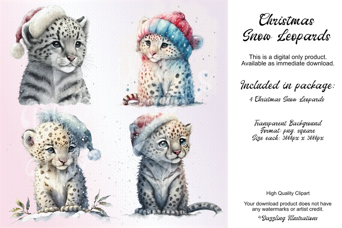 Christmas Snow Leopards With Santa Hat Clipart, Deer Clipart, Png ...