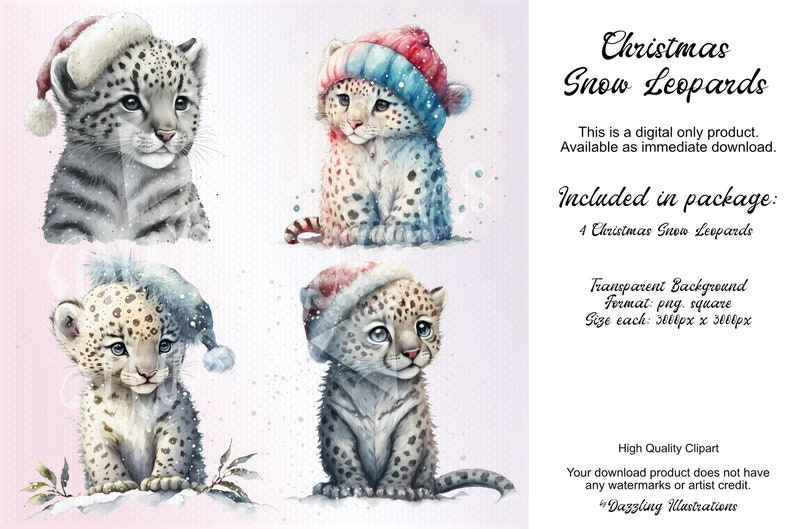 Christmas Snow Leopards With Santa Hat Clipart, Deer Clipart, Png ...