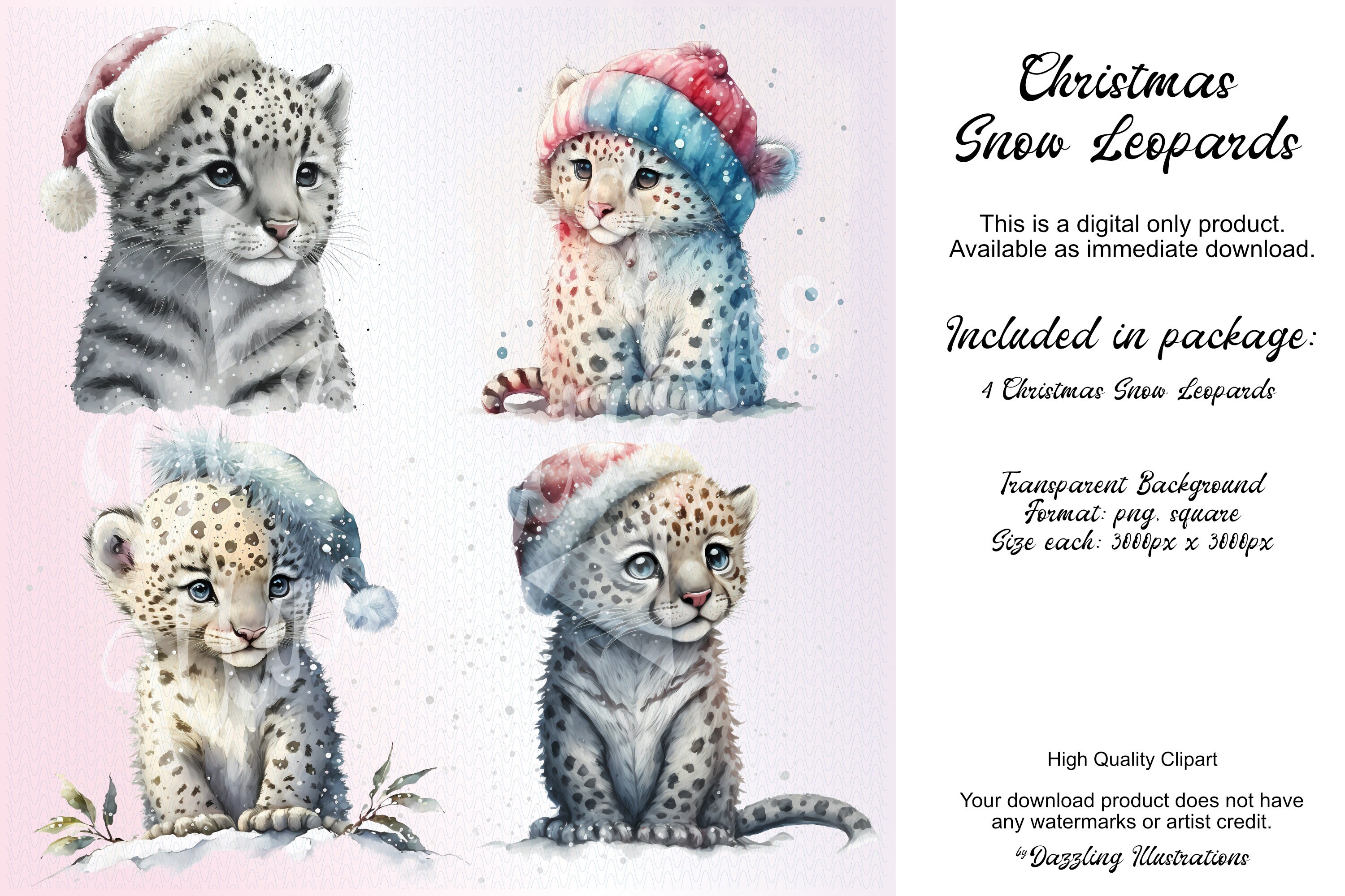 Christmas Snow Leopards With Santa Hat Clipart, Deer Clipart, Png ...