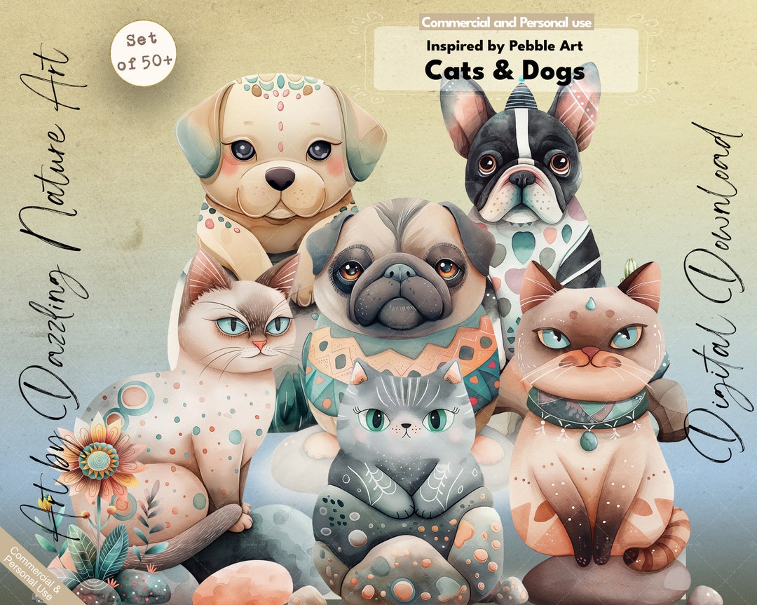 Cats and Dogs Inspired by Pebble Art Watercolor Clipart Watercolor Cat ...
