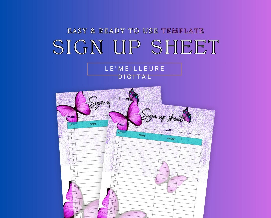 Purple Sign up Sheet, Butterfly Sign up Sheet, Editable Template ...