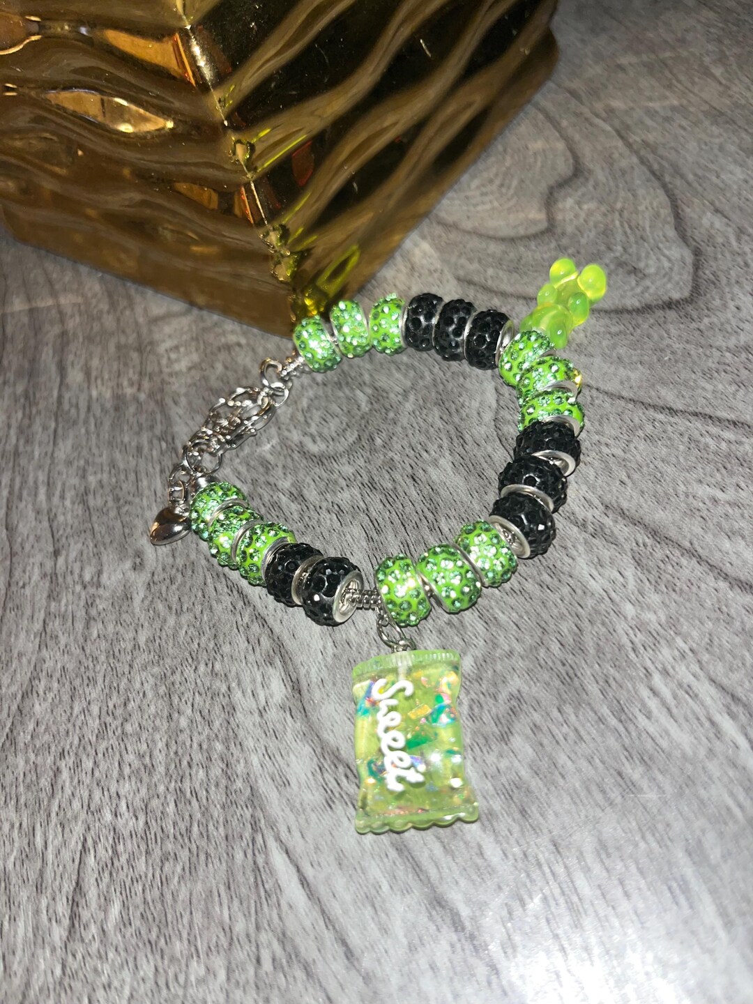 Goth Candy “sour Gummy Girl” Bracelet – Green & Black Beaded Charm ...
