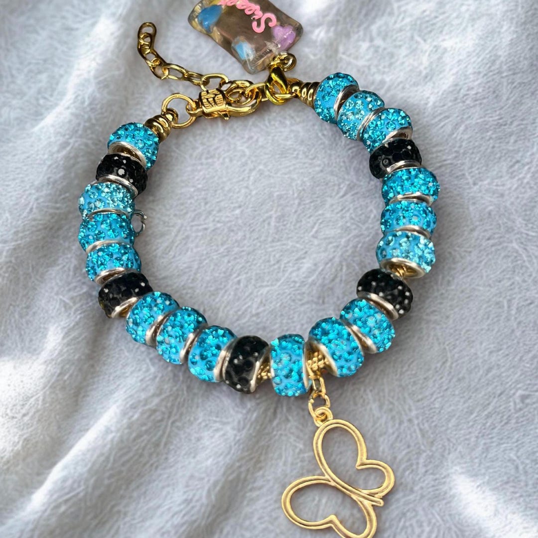 Sweet Goth “butterfly Bling” Bracelet - Blue & Black Glitter Beads With ...