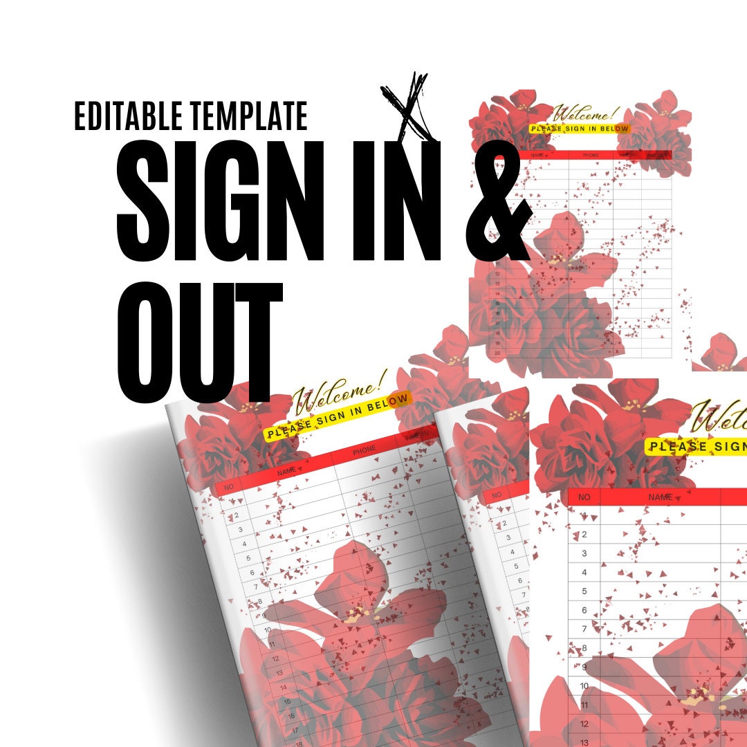Elegant Sign in Sheet, Sign Out, Print Out, Digital Red Sign in Sheet ...