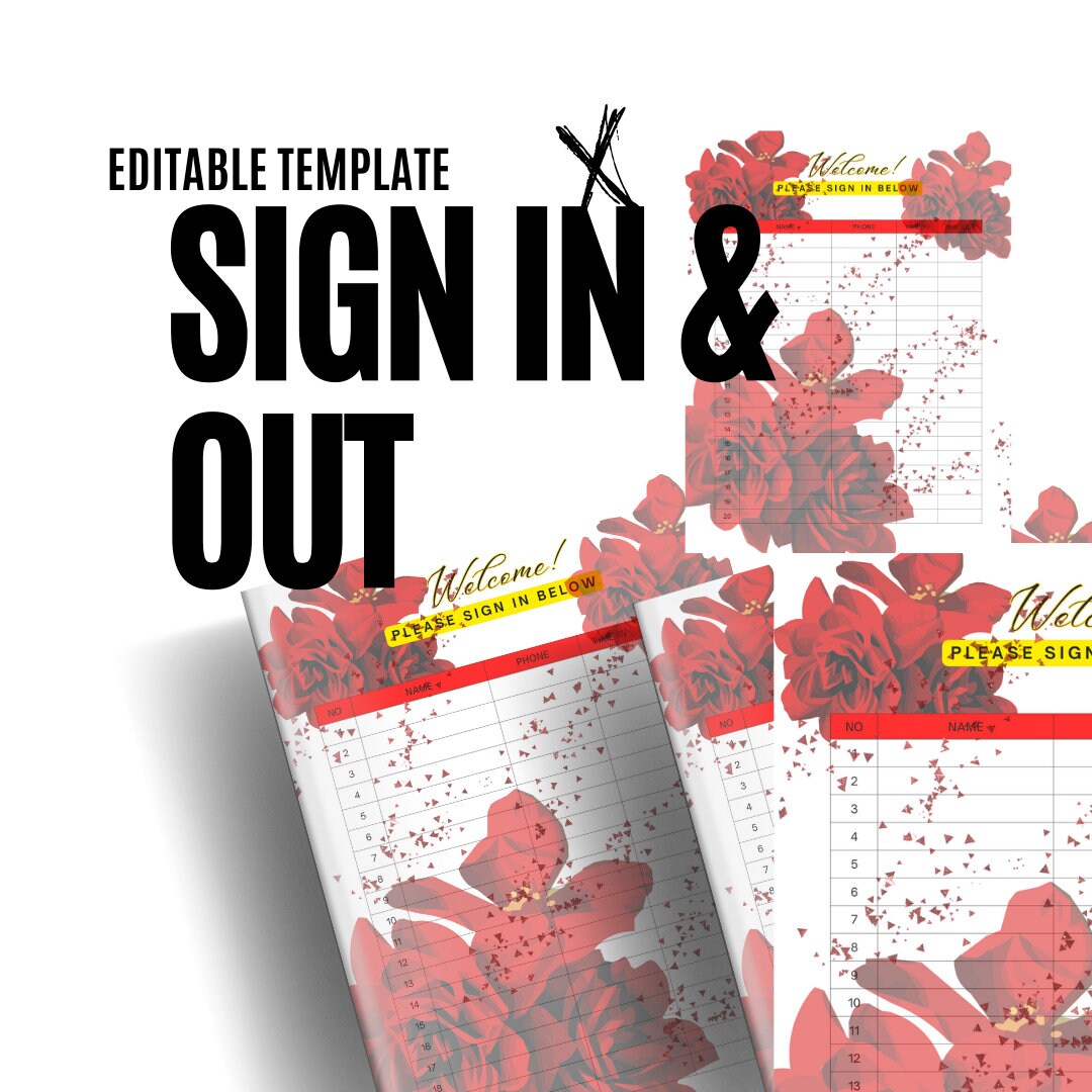 Elegant Sign in Sheet, Sign Out, Print Out, Digital Red Sign in Sheet ...