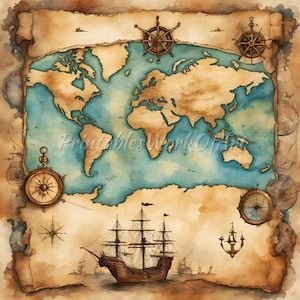 Printable Pirate Map Watercolor Collection: Instant Download JPG, World ...