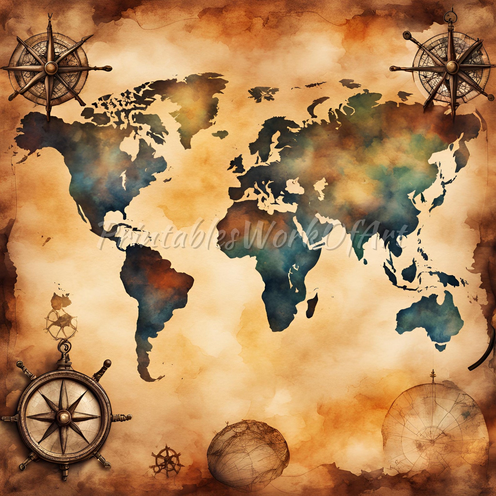 Printable Pirate Map Watercolor Collection: Instant Download JPG, World ...
