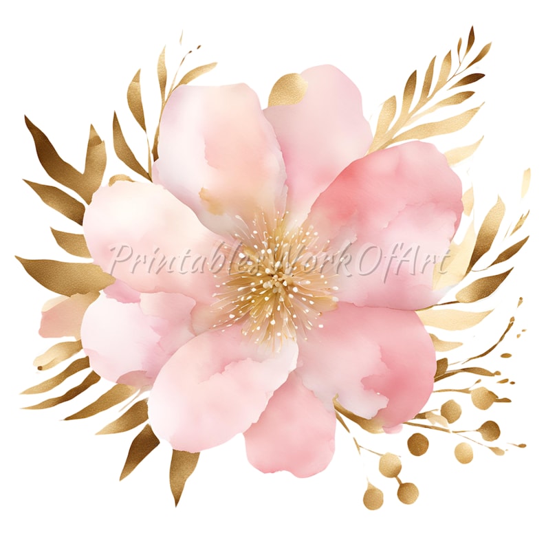 Pink & Gold Flower Clipart: Abstract Watercolor Floral Print (digital ...