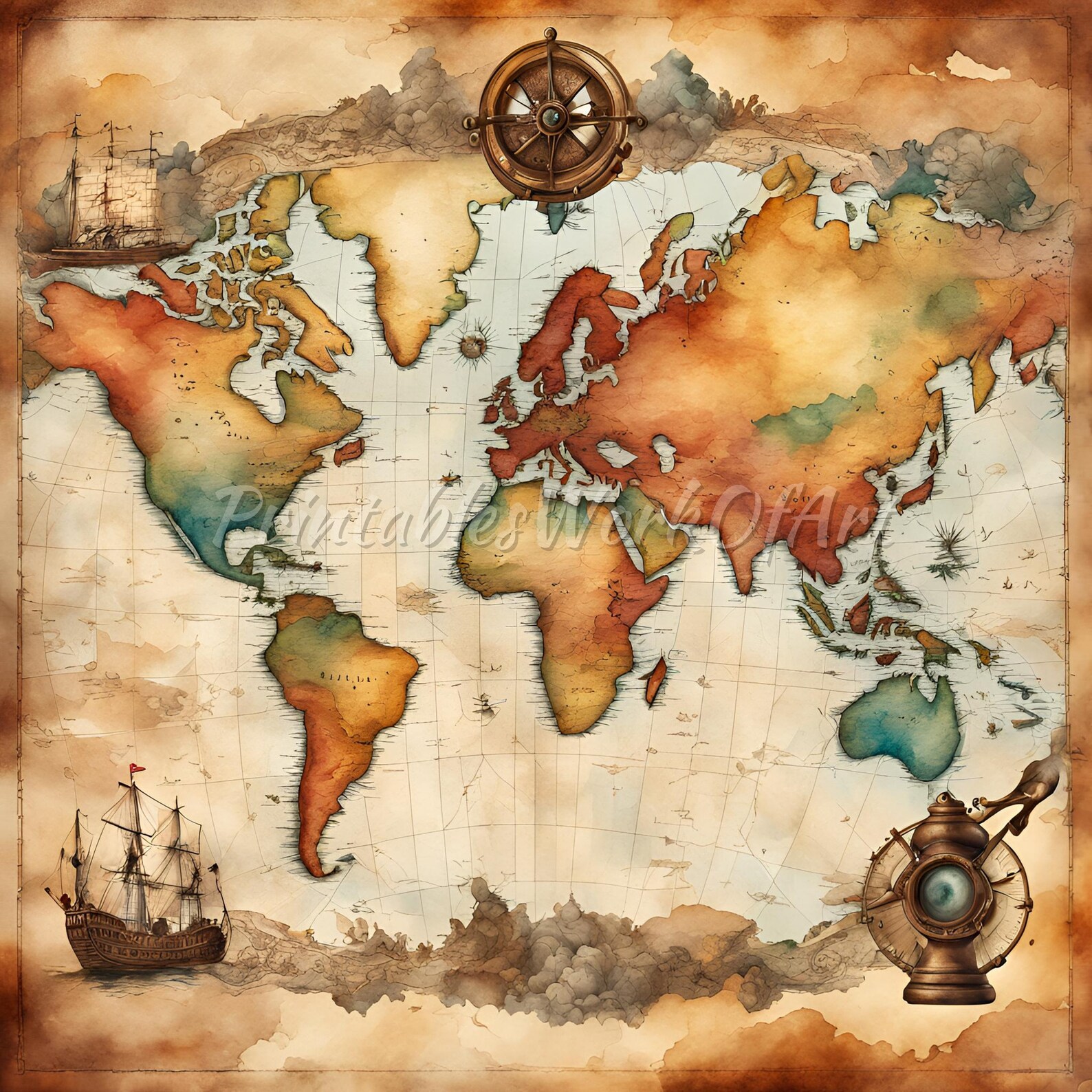 Printable Pirate Map Watercolor Collection: Instant Download JPG, World ...