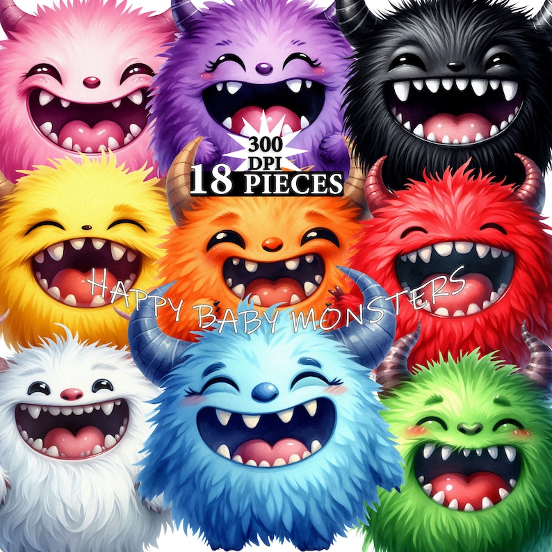 Cute Kawaii Monster Clip Art - 18 Watercolor Pngs for Kids Stickers ...