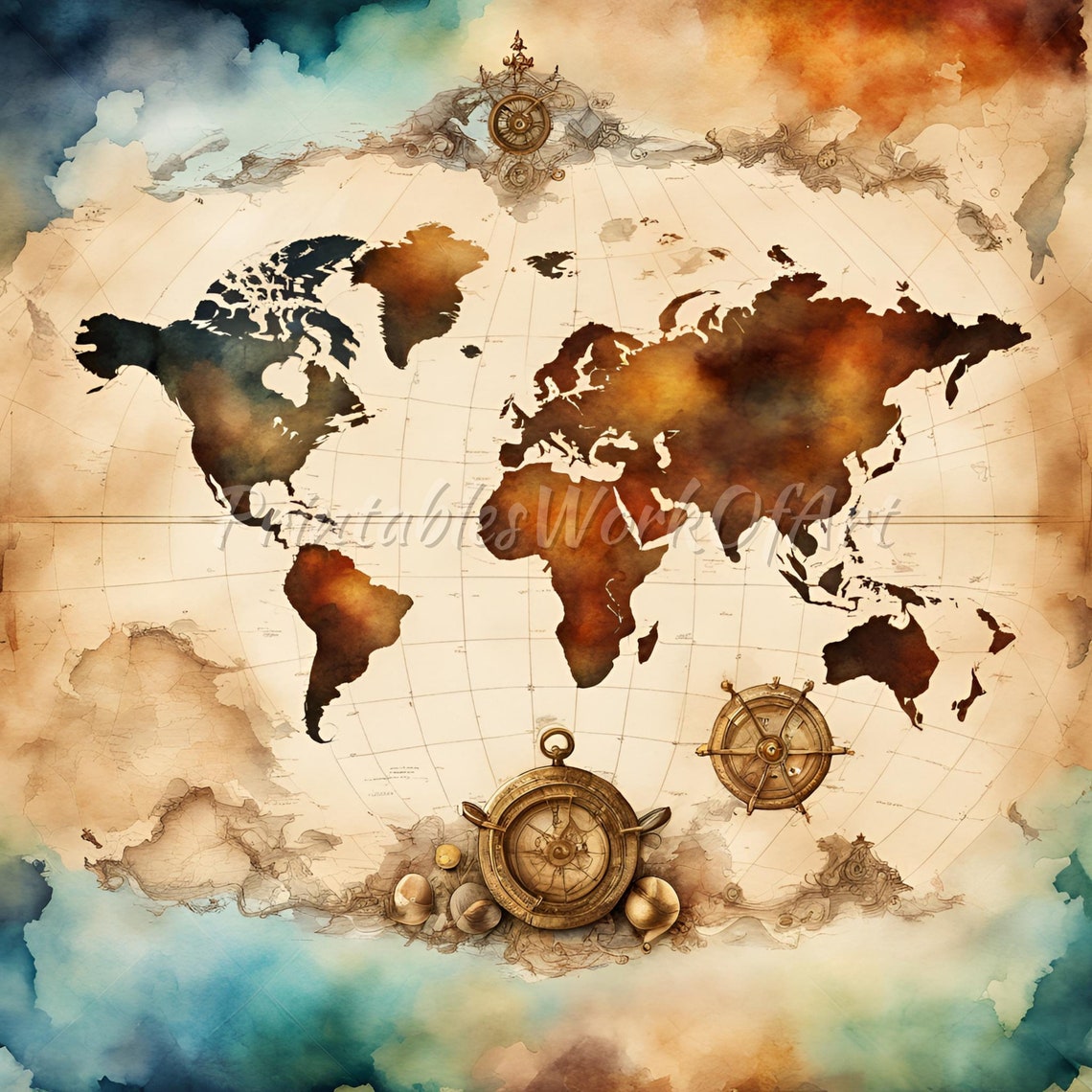 10 Printable Pirate Map Watercolor World Map - Instant Download JPG for Commercial Use - Paper ...