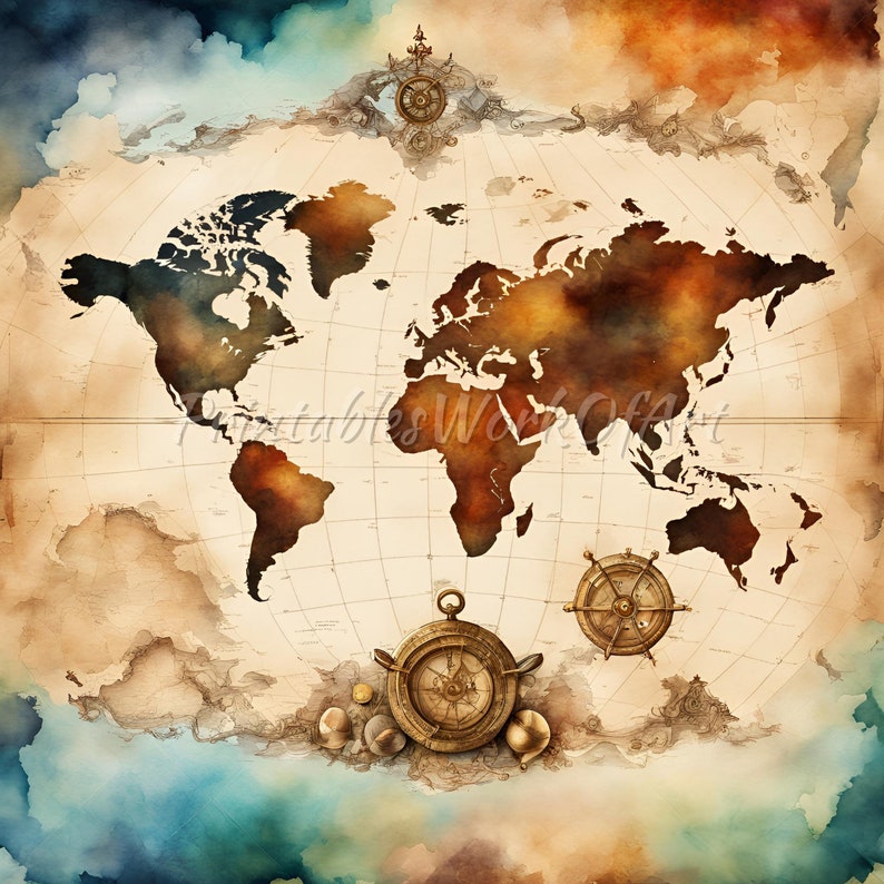 Watercolor Pirate Map Print: Vintage World Map Art (JPG Digital ...