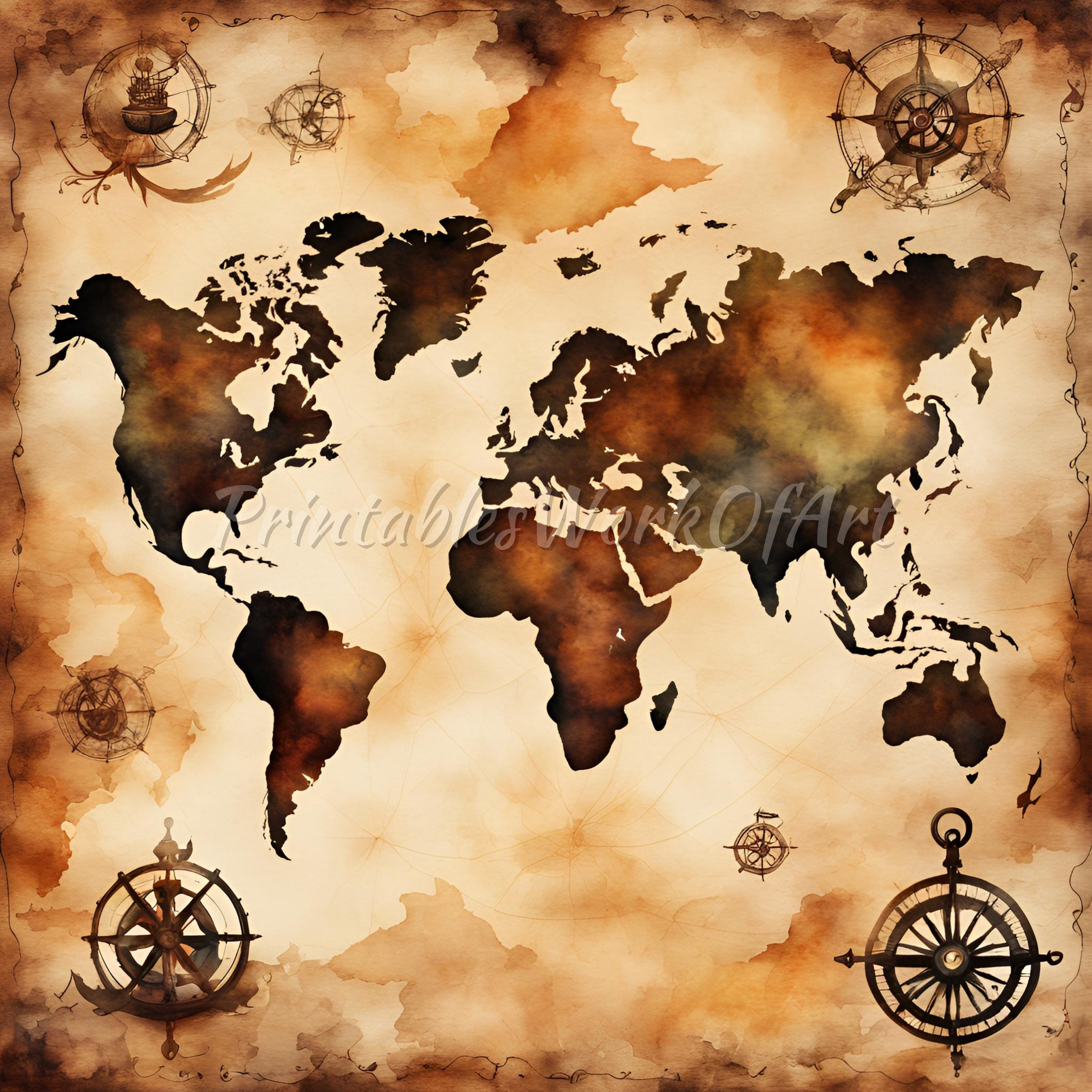 Printable Pirate Map Watercolor Collection: Instant Download JPG, World ...