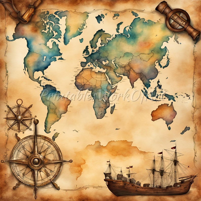 Vintage Pirate Map Wall Art - Antique Nautical Decor for Kids Room or ...