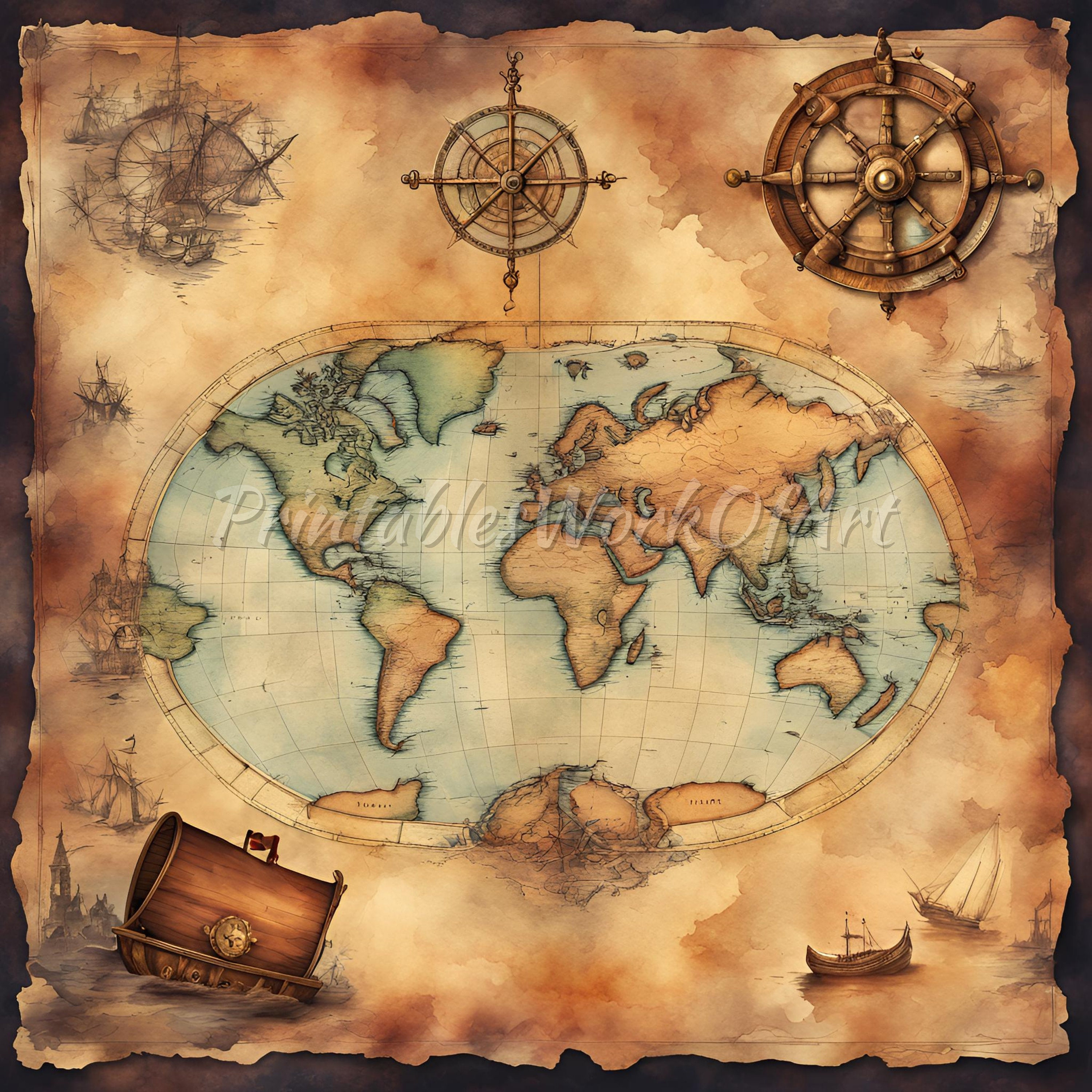 Watercolor Pirate Map Printable - World Map Art, Cartography Clipart ...