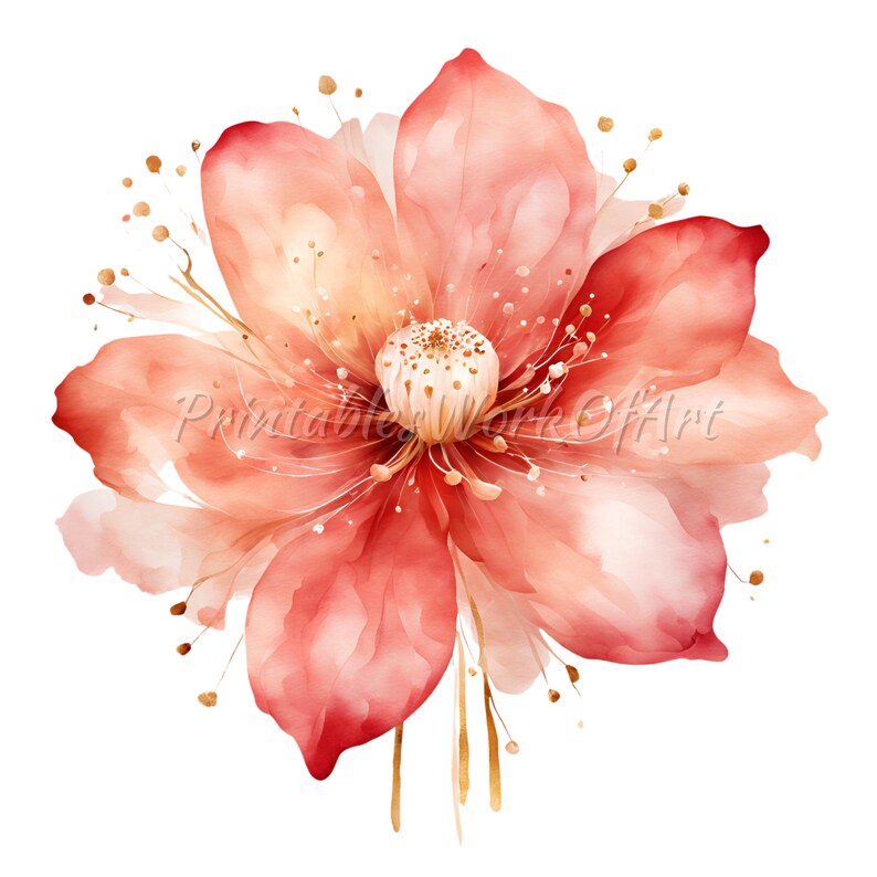 Abstract Flower Clipart, Red Gold Flowers, Floral Print, Printable ...
