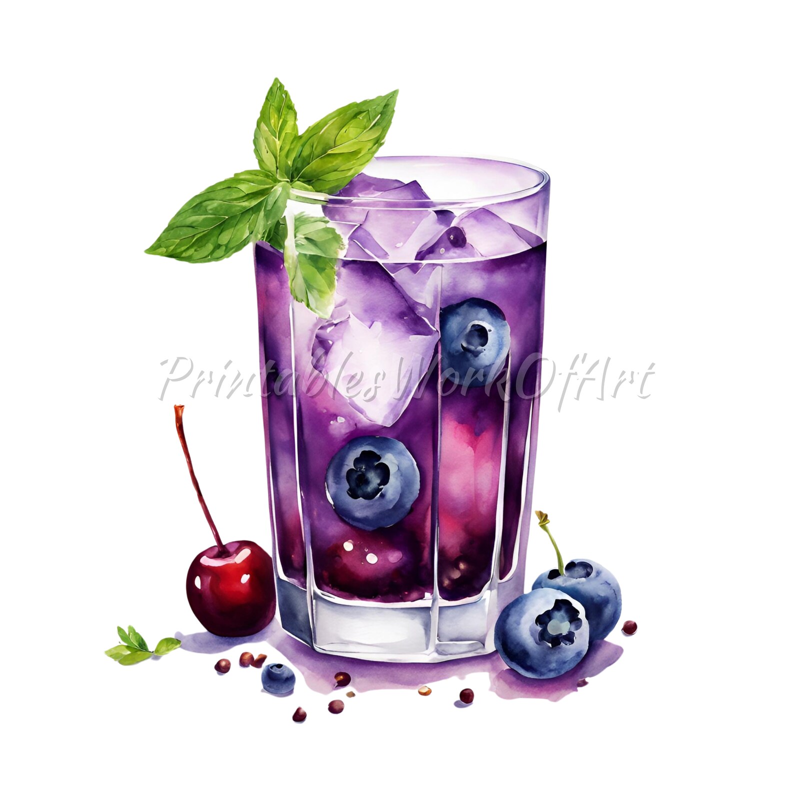 Purple Mojito Clipart: Watercolor Cocktail Art (JPG Digital Download ...