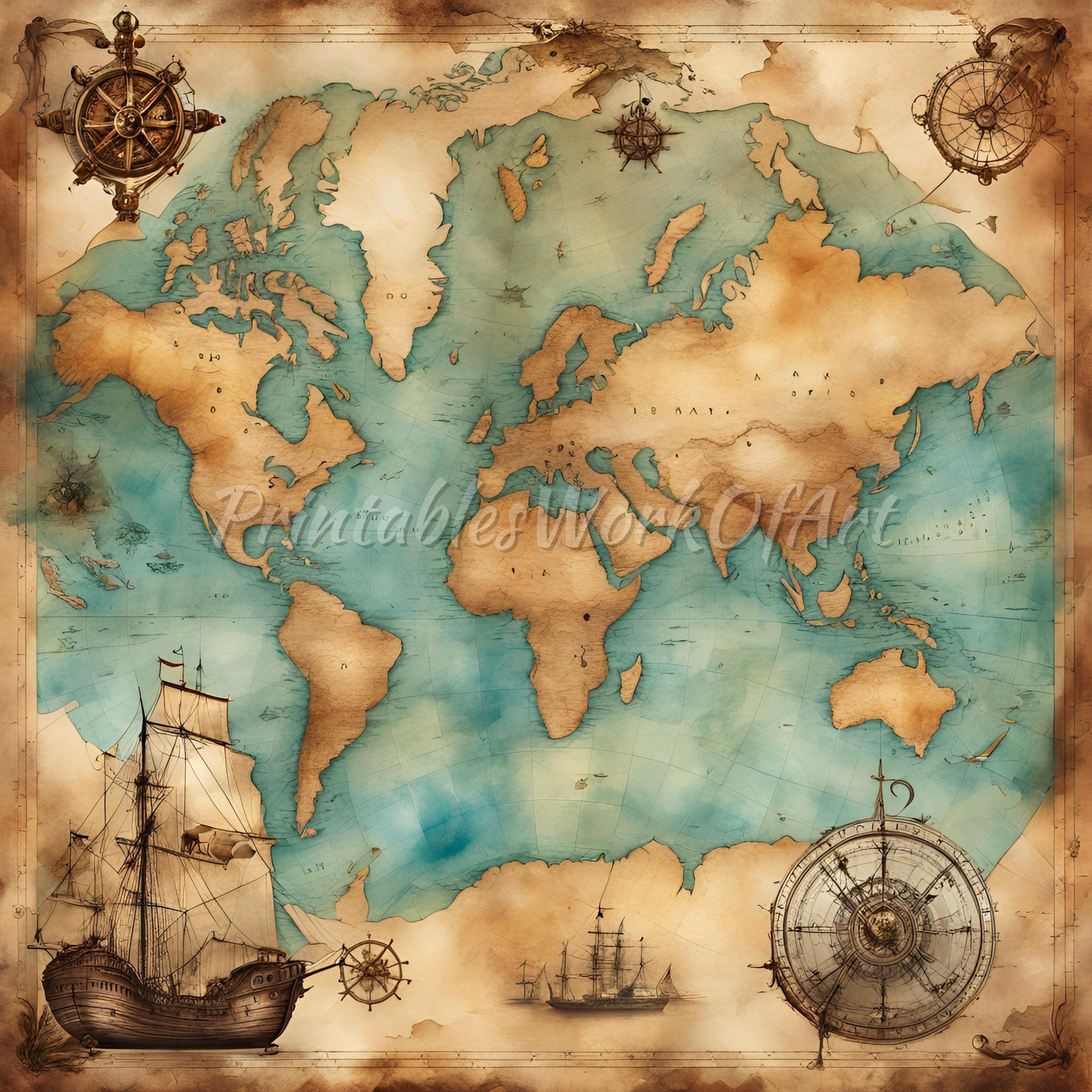 Watercolor Pirate Map Printable - World Map Art, Cartography Clipart ...