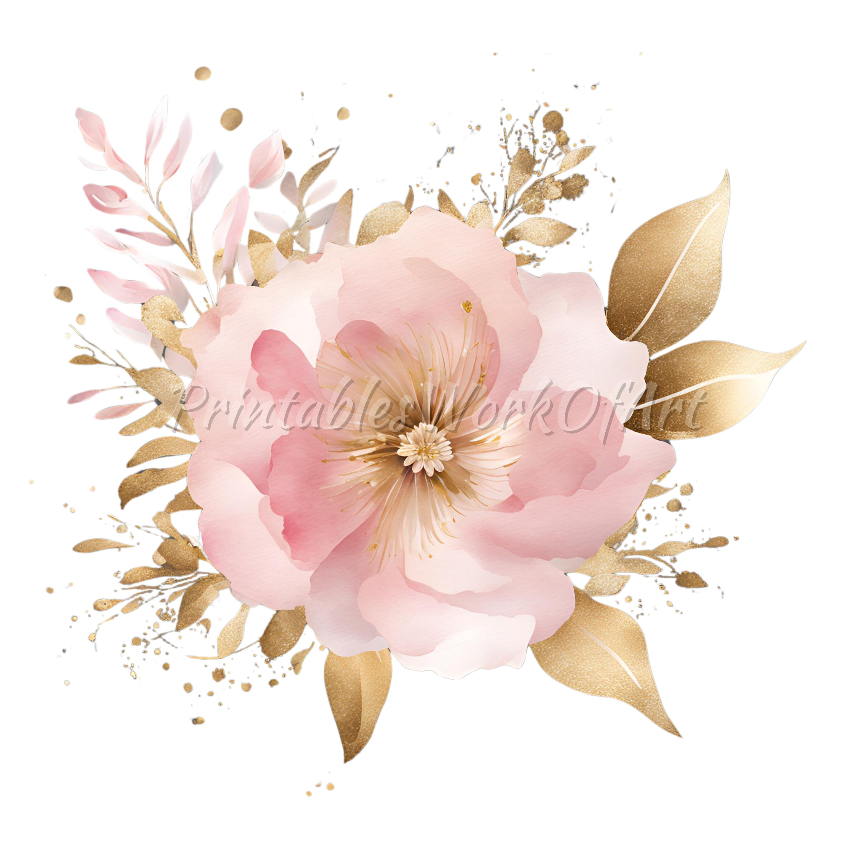 Pink & Gold Flower Clipart: Abstract Watercolor Floral Print (digital ...