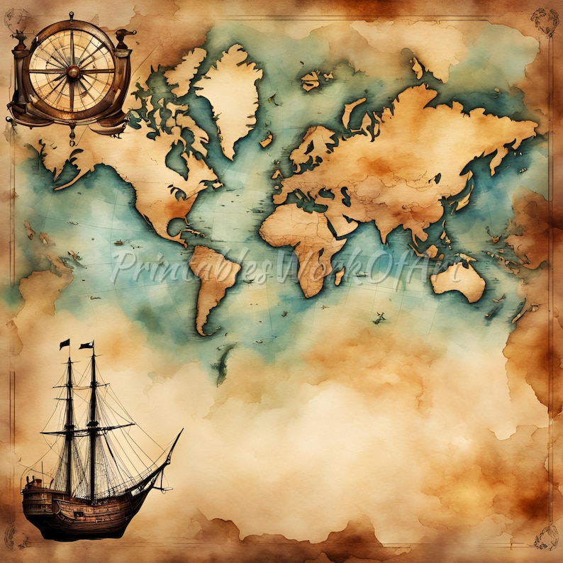 Vintage Pirate Map Wall Art - Antique Nautical Decor for Kids Room or ...