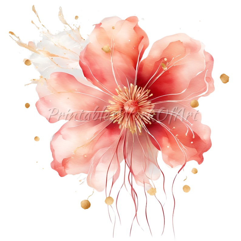 Abstract Flower Clipart, Red Gold Flowers, Floral Print, Printable ...