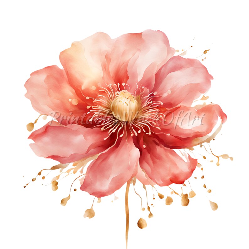 Abstract Flower Clipart, Red Gold Flowers, Floral Print, Printable ...