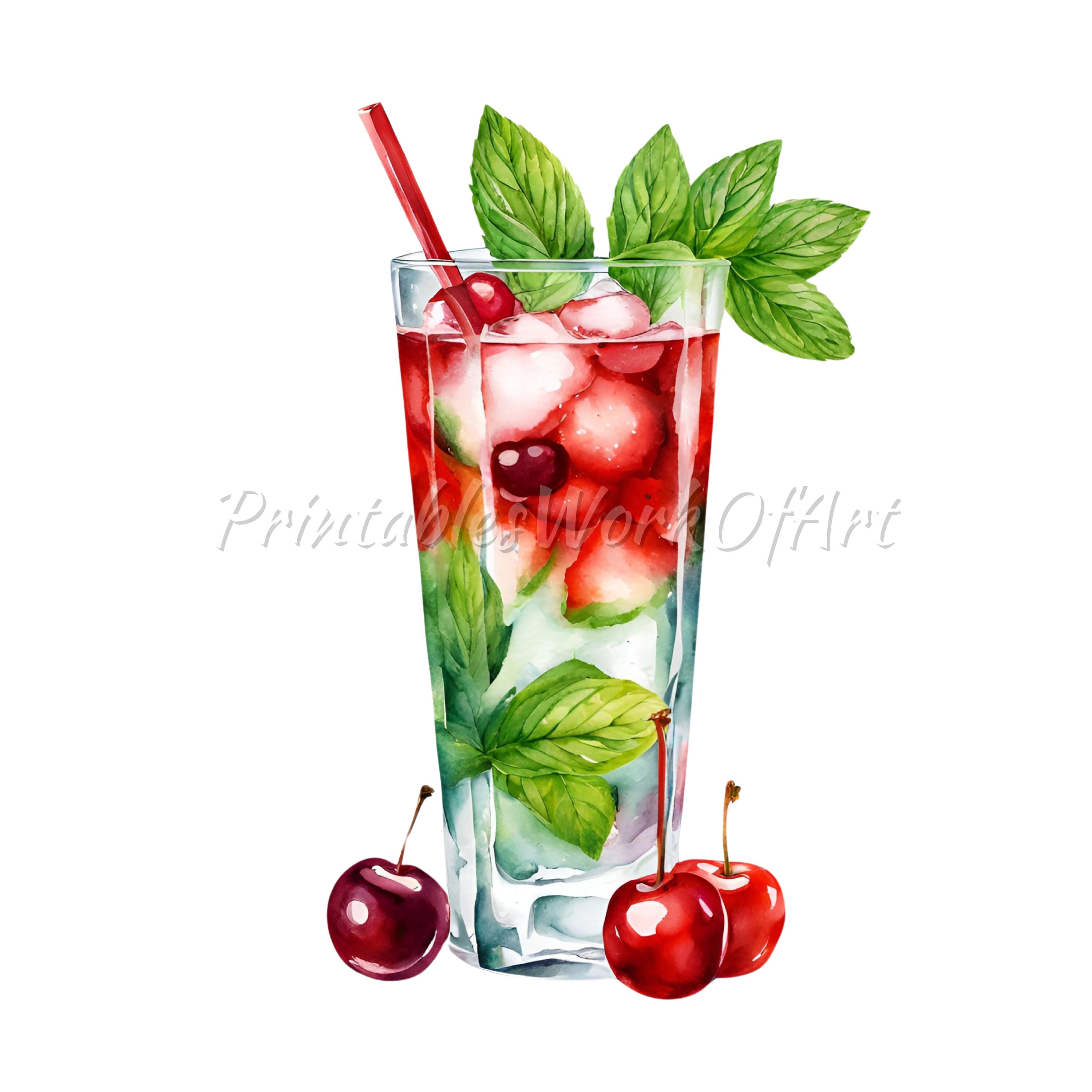 Red Cherry Mojito Clipart, Mojito Cocktail Images, 10 Watercolor Clip ...